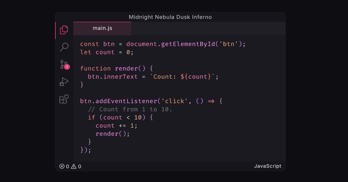 Midnight Nebula Dusk Inferno by Phil Daniels | VS Code Themes