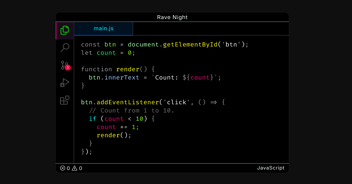 Rave Night by Ravin Sade | VS Code Themes